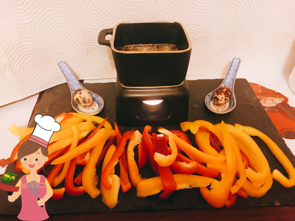 Rivisitazione di bagna cauda con cruditè di peperoni e uova di quaglia ...